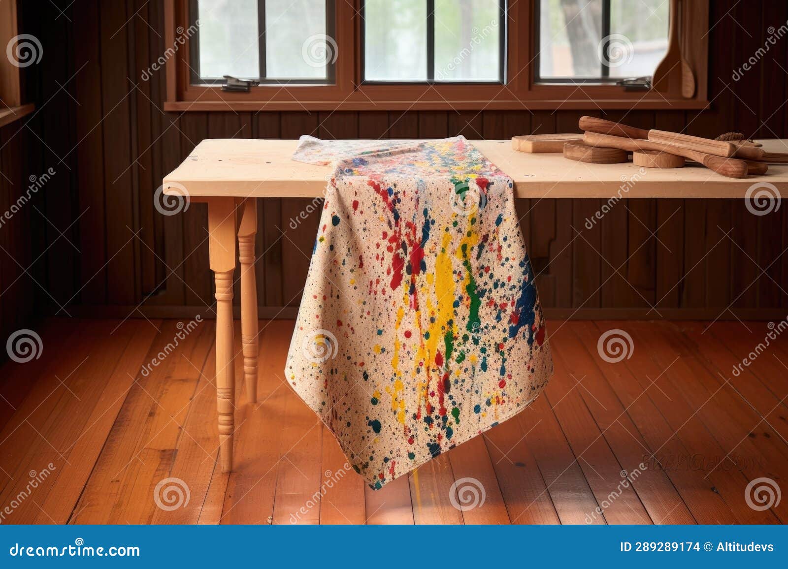 Paint-splattered Apron Folded on Wooden Table Stock Photo - Image of ...