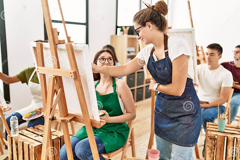 Paint Teacher Looking Draw of Student at Art Studio Stock Image - Image ...