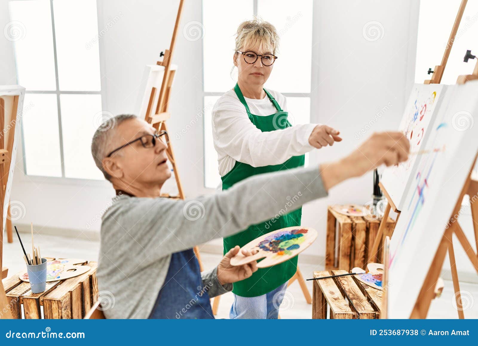 Paint Teacher and Student Painting at Art Studio Stock Photo - Image of ...