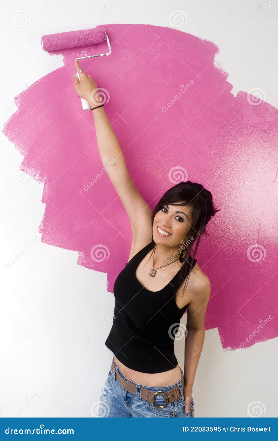 Hip Attractive Woman Paints Walls Pink Roller Stock Image - Image of ...