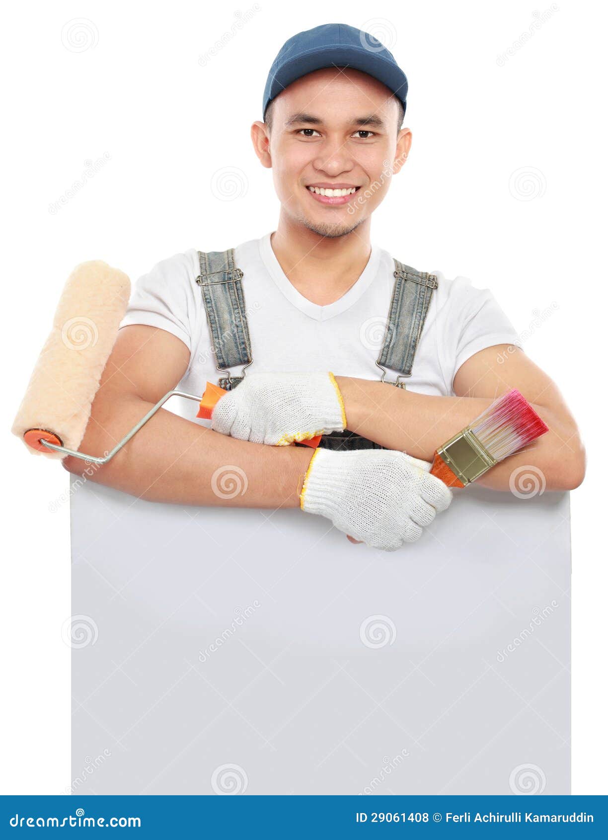 Paint Worker with Tool Hold a Blank Banner Stock Photo - Image of space ...