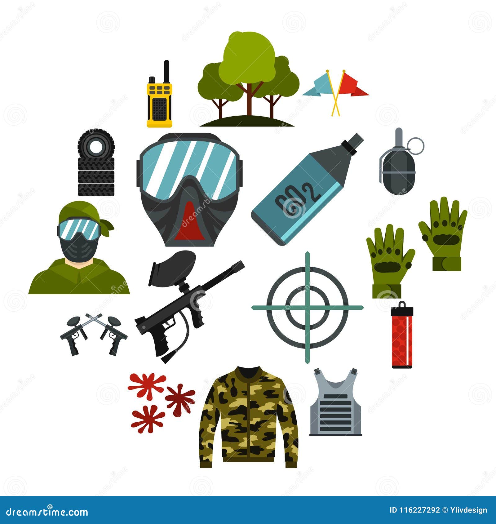 Paintball Icons Set, Flat Style Stock Vector - Illustration of ...