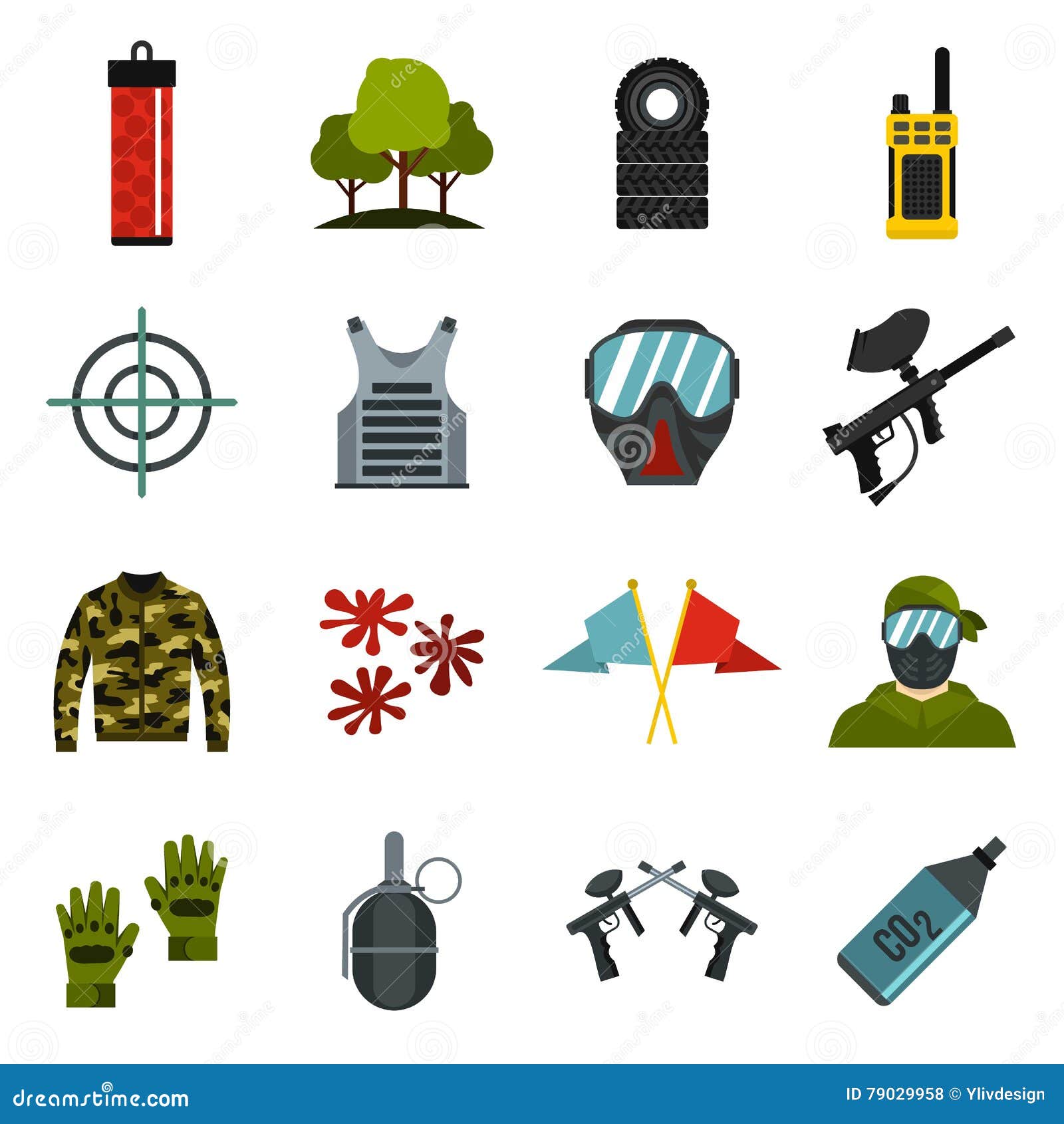 Paintball Icons Set, Flat Style Stock Vector - Illustration of bullet ...