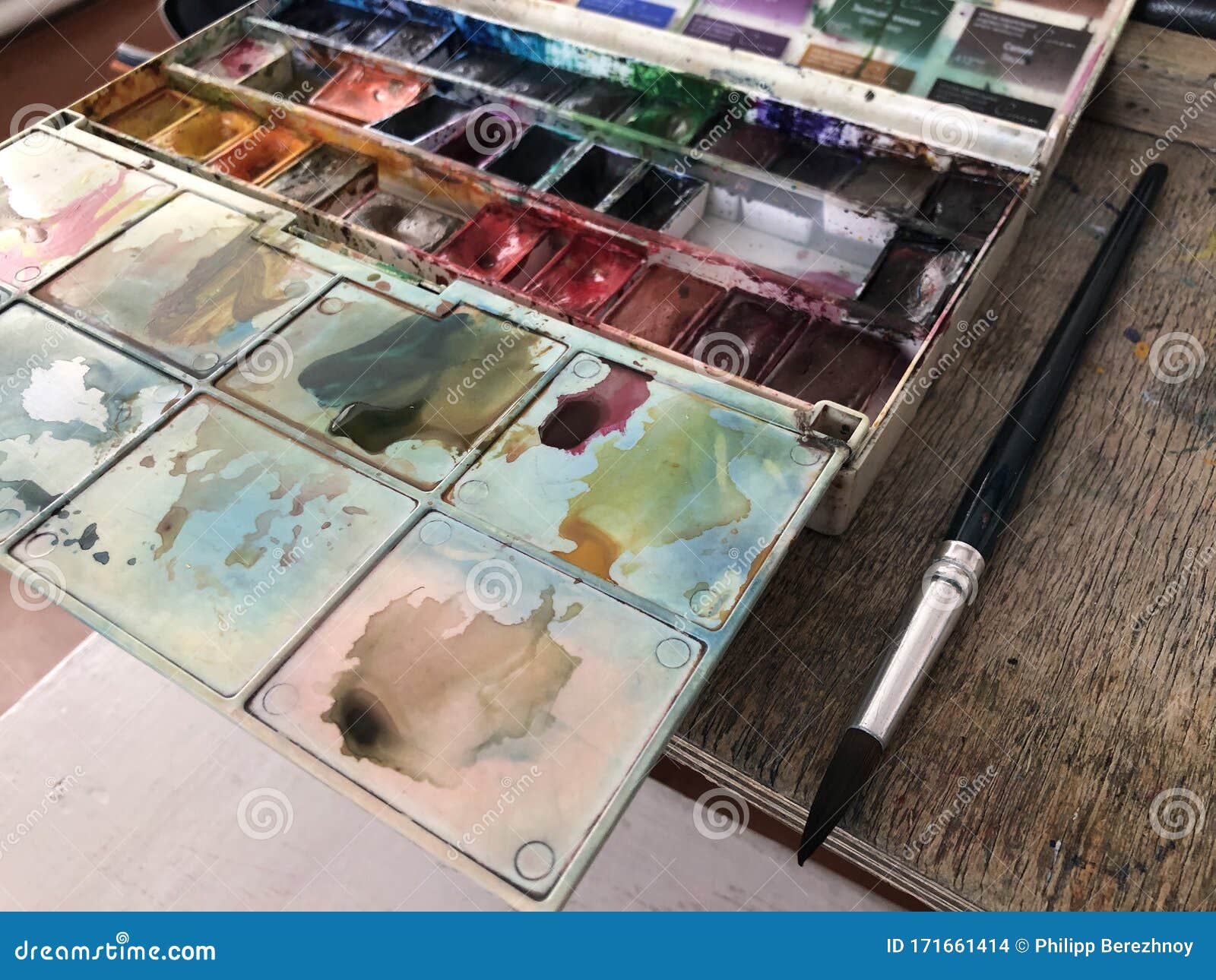 Paintbrush Artist Palette and Multi Colored Gouache Stock Photo - Image ...