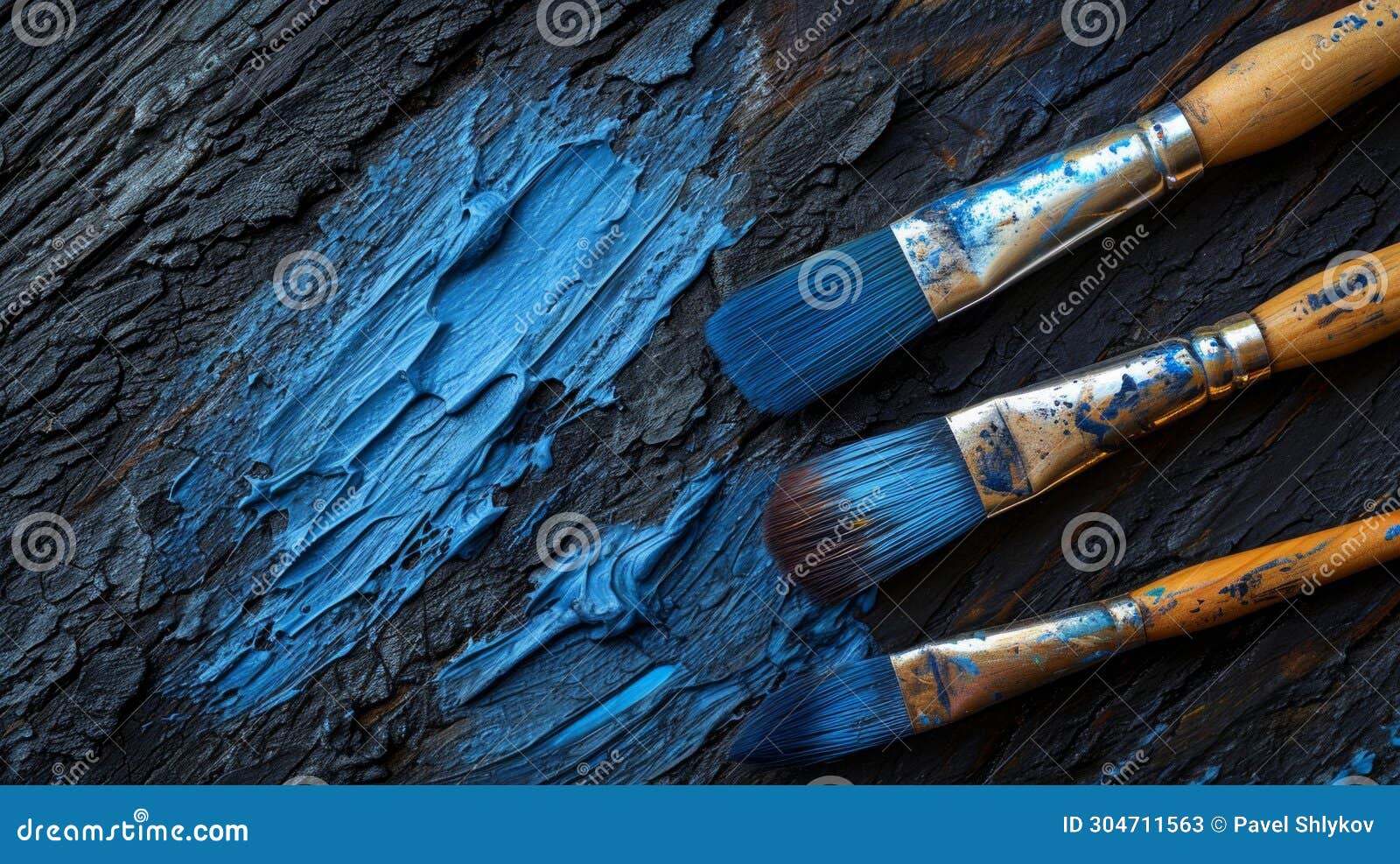 Paintbrush and Blue Paints on Black Background Stock Image - Image of ...
