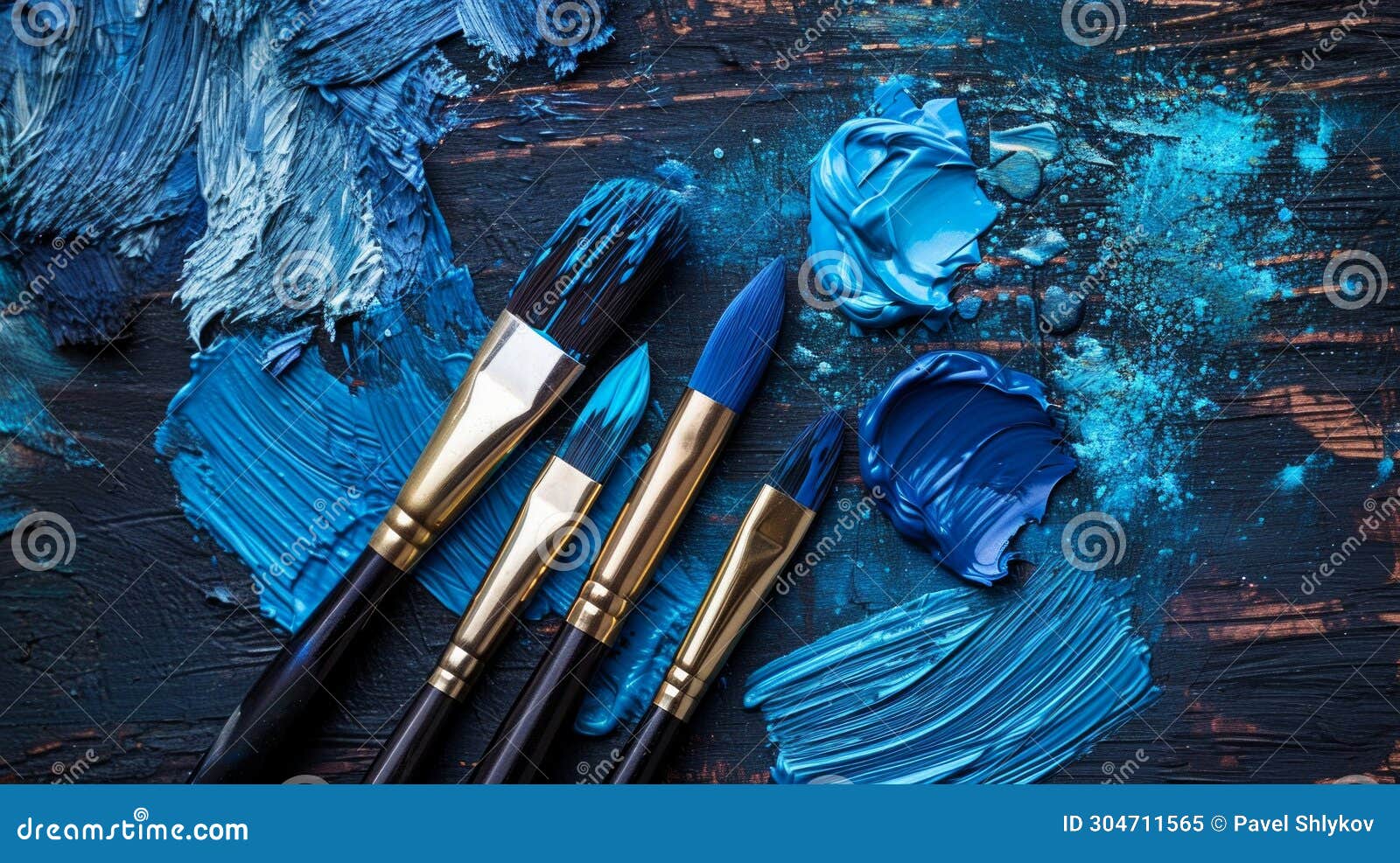 Paintbrush and Blue Paints on Black Background Stock Image - Image of ...