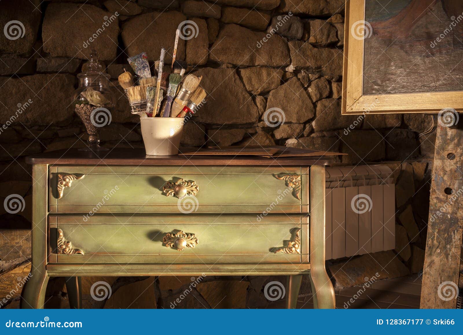 Paintbrush on an old table stock image. Image of wood - 128367177