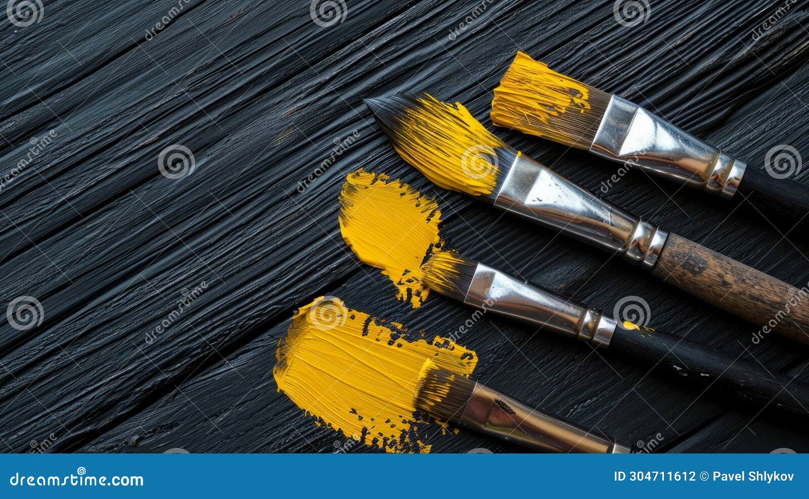 Paintbrush and Yellow Paints on Black Background Stock Photo - Image of ...