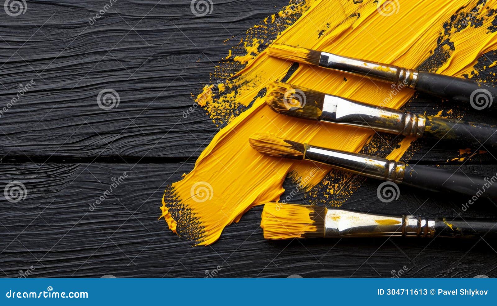 Paintbrush and Yellow Paints on Black Background Stock Illustration ...