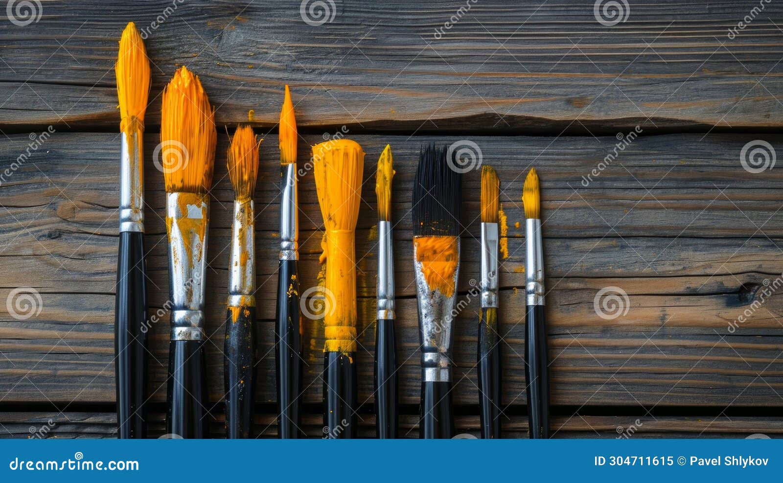 Paintbrush and Yellow Paints on Black Background Stock Image - Image of ...