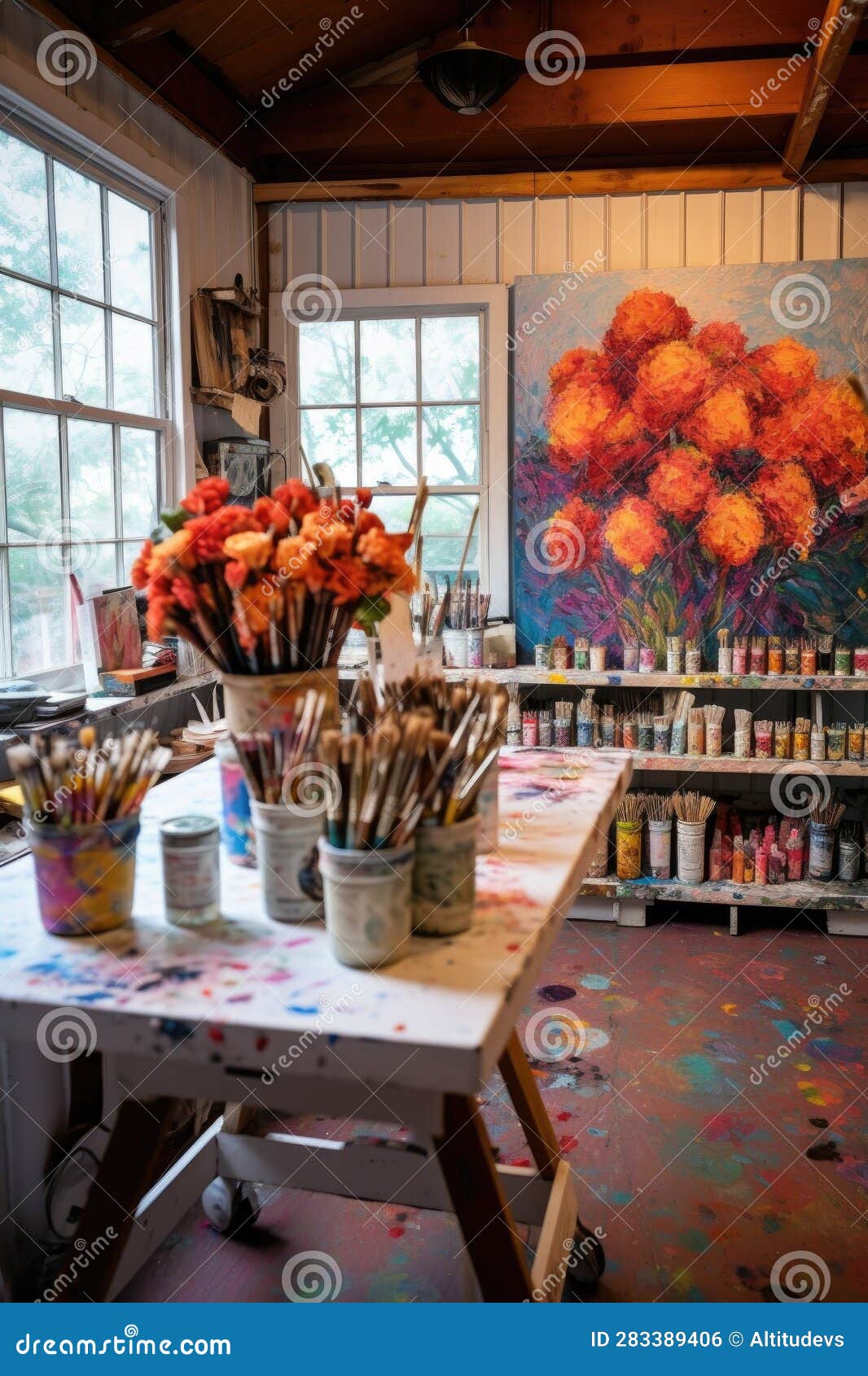 Paintbrushes and Canvas Set Up in a Bright Art Studio Stock ...