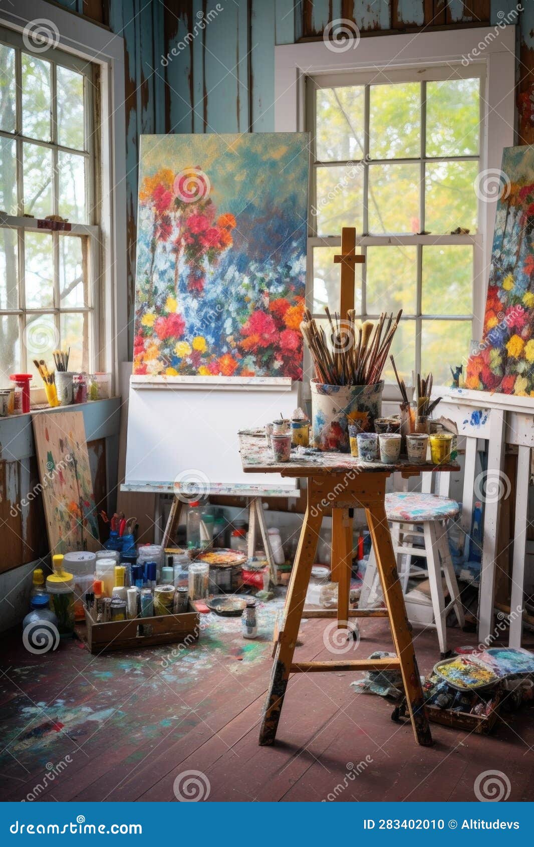 Paintbrushes and Canvas Set Up in a Bright Art Studio Stock ...