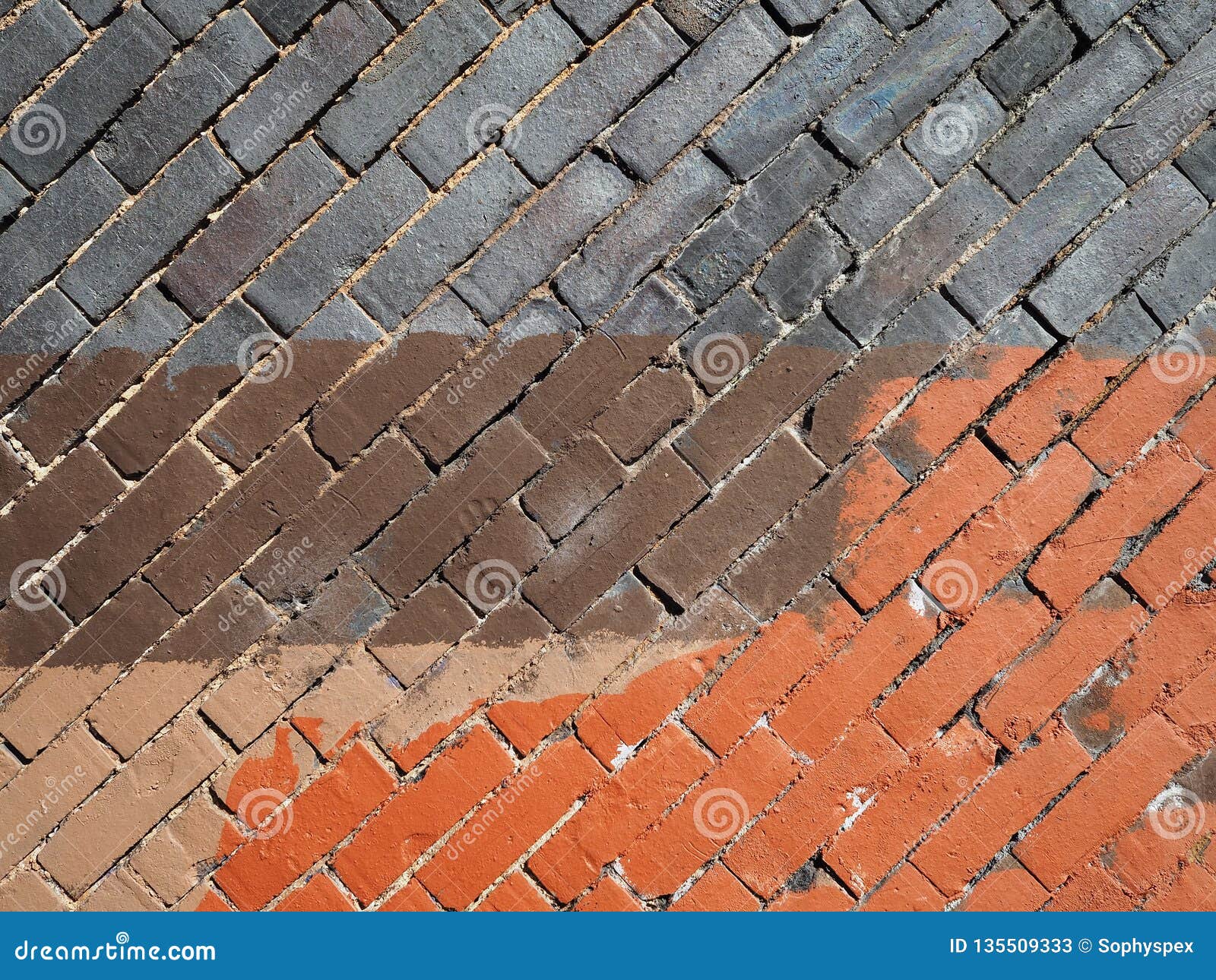 Diagonal Brick Wall, Blue Brown and Orange Paint Stock Image - Image of ...