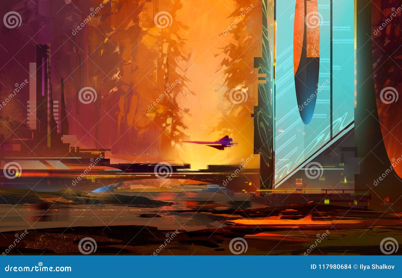 Painted Bright Evening Landscape of the Future with Starships Stock ...