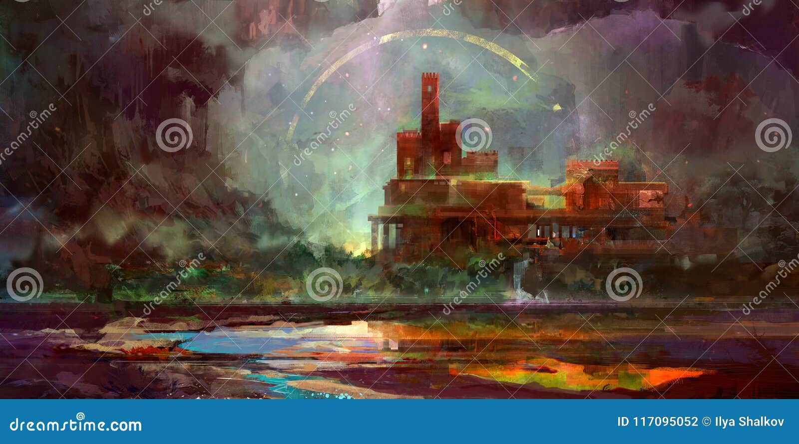 Painted in Bright Fantasy Landscape with Castle Stock Illustration ...