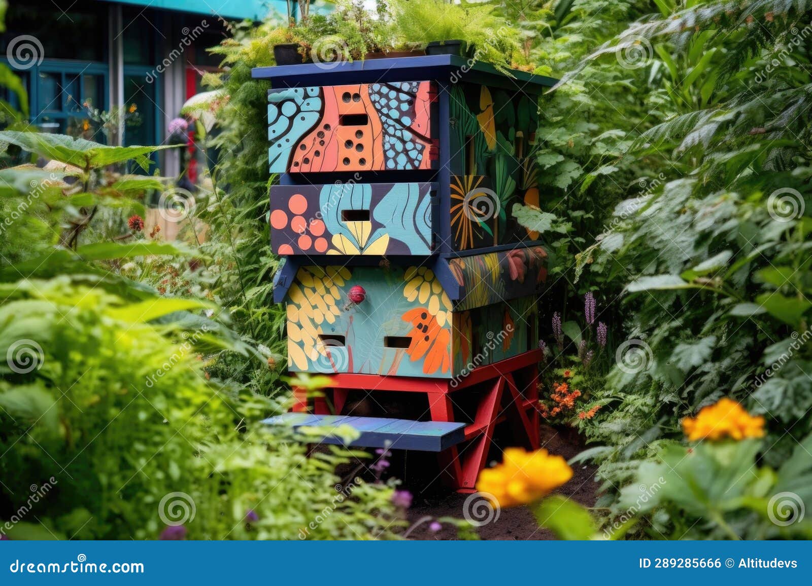 Painted Bug Hotel in Creative Design among Plants Stock Illustration ...