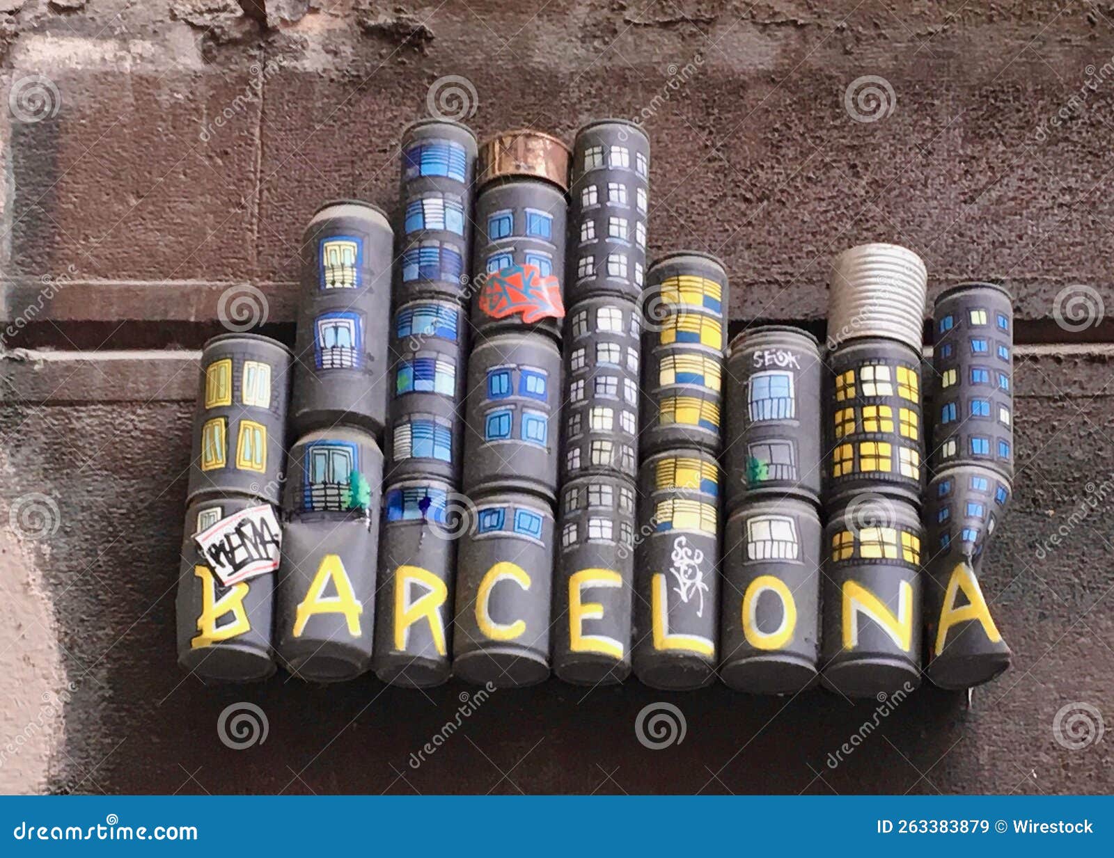 Painted Cans with Barcelona Writing on the Wall. Editorial Stock Image ...
