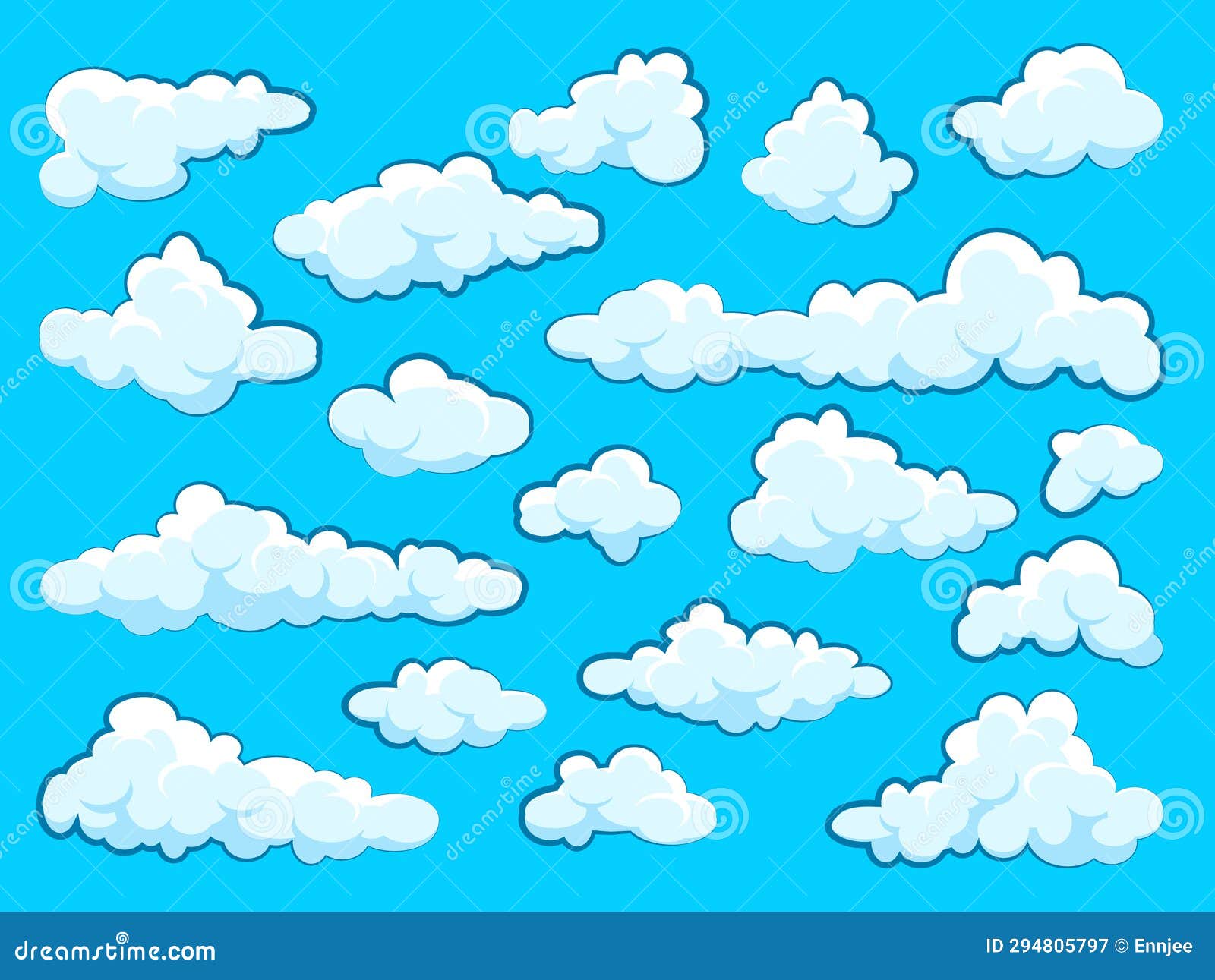 Painted Cartoon Clouds on Blue Background. Simple Hand Drawn Round ...