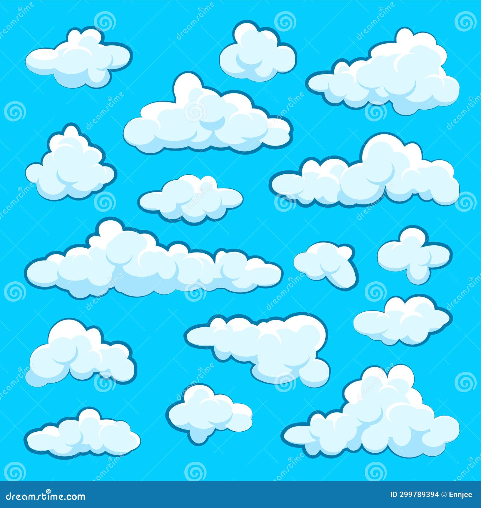 Painted Cartoon Clouds on Blue Background. Simple Hand Drawn Round ...