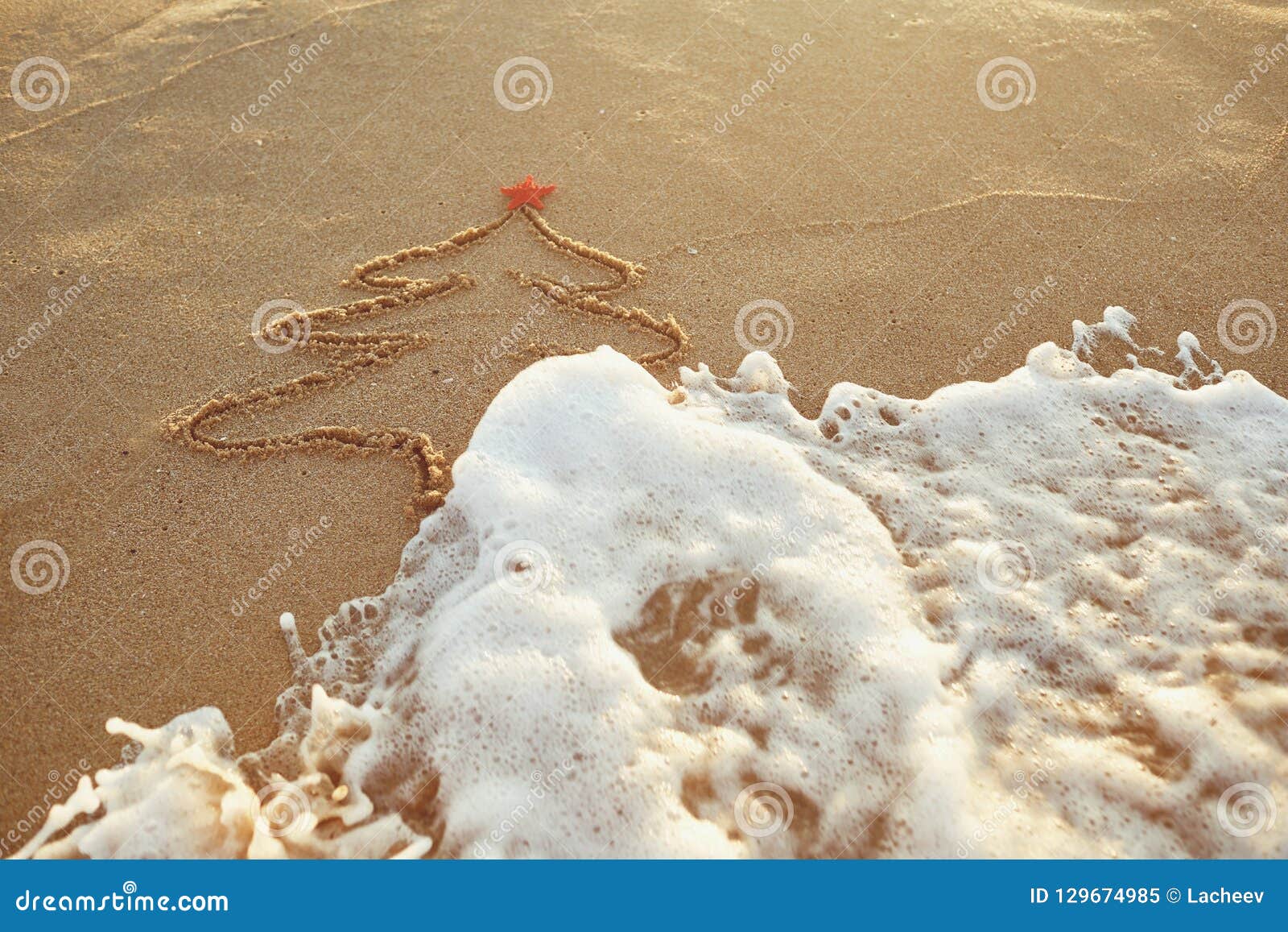 Painted Christmas Tree in the Sand on the Beach. Stock Image - Image of ...