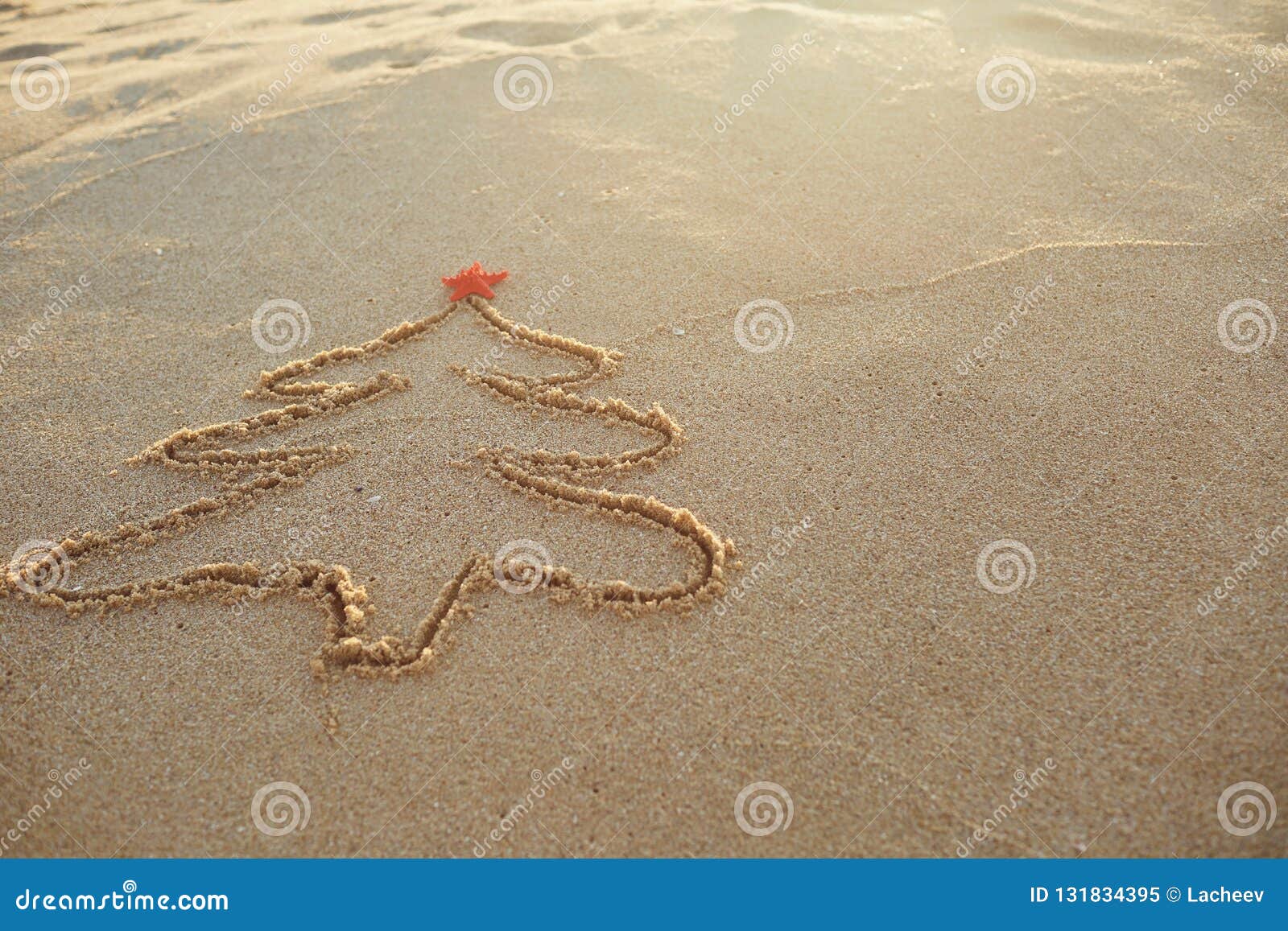 Painted Christmas Tree in the Sand on the Beach. Stock Image - Image of ...