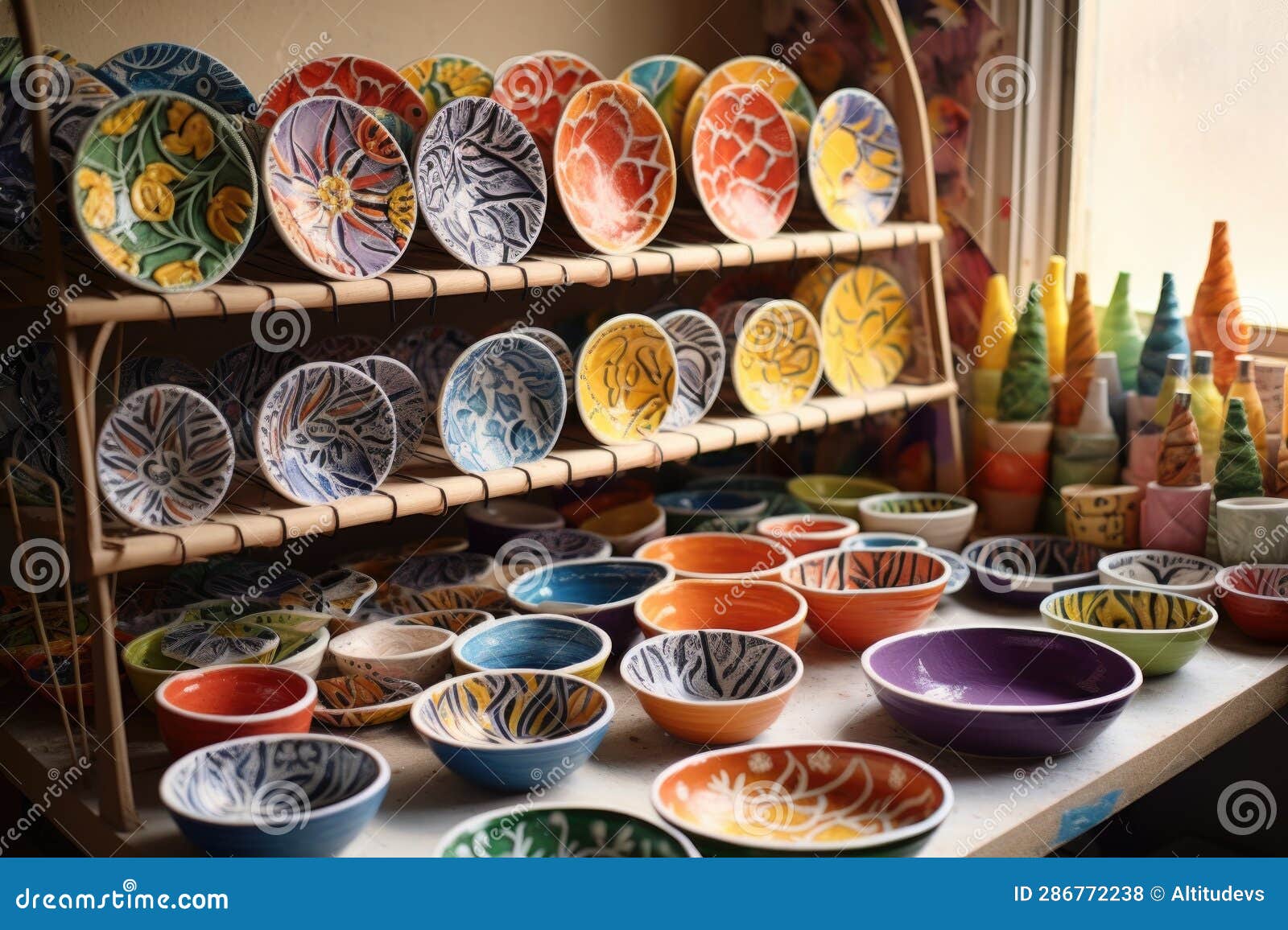 Painted Clay Plates and Bowls on a Drying Rack Stock Illustration ...
