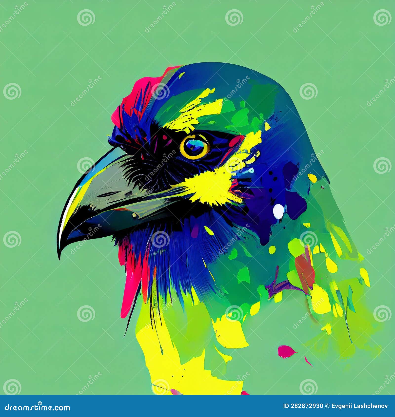 Painted with Colored Raven Head. Close-up. Paint Splatter Effect Art ...