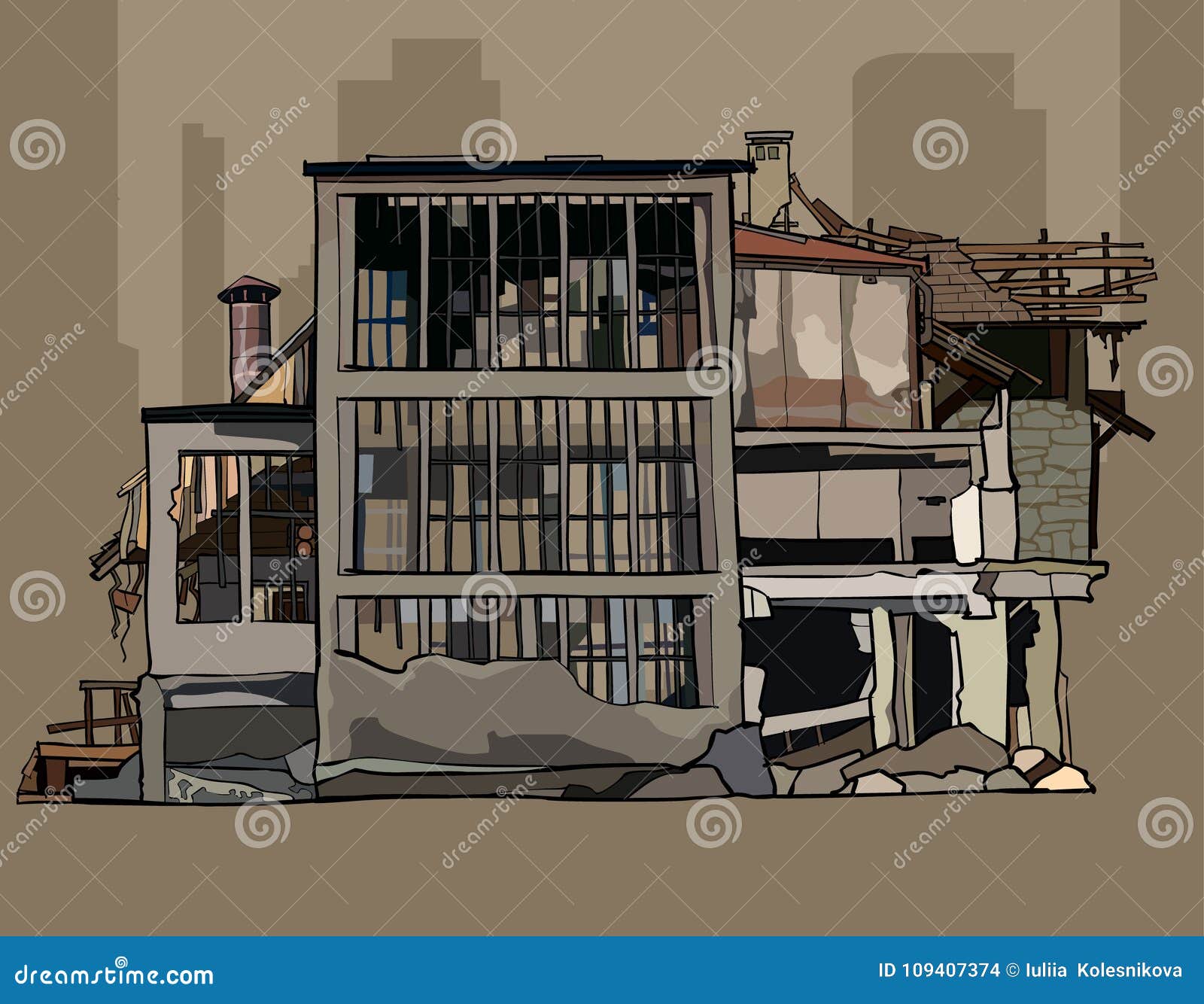 Painted Dilapidated Three Storey Building in Ruins Stock Vector ...