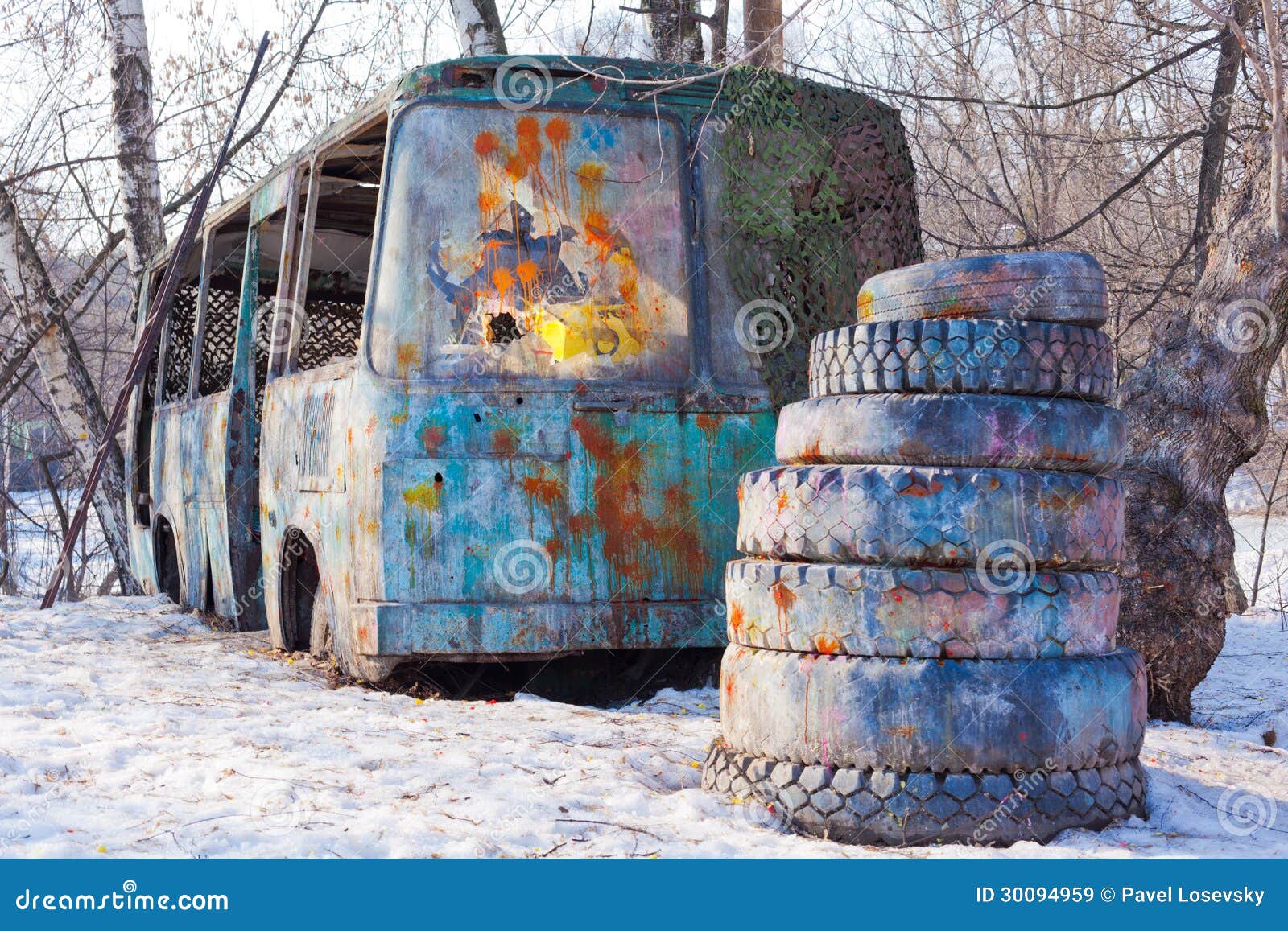 Painted and Dirty Rusty Old Broken Bus Stock Image - Image of ruins ...