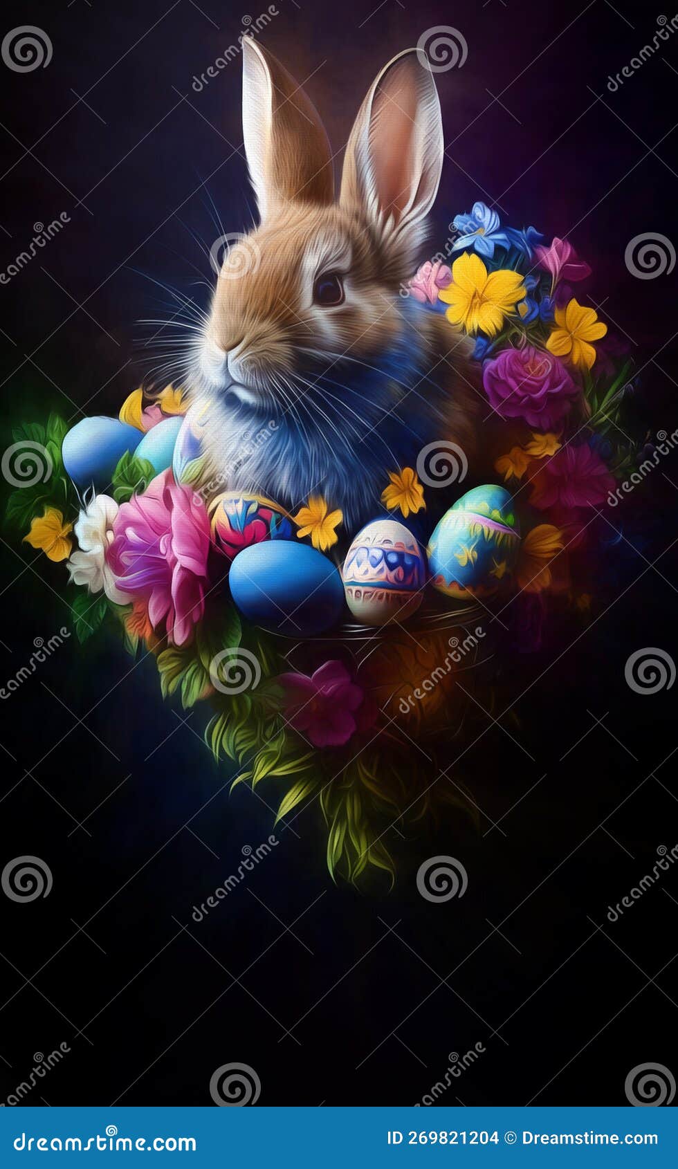 Easter Bunny in Flowers and with Colored Eggs. on a Dark Background ...
