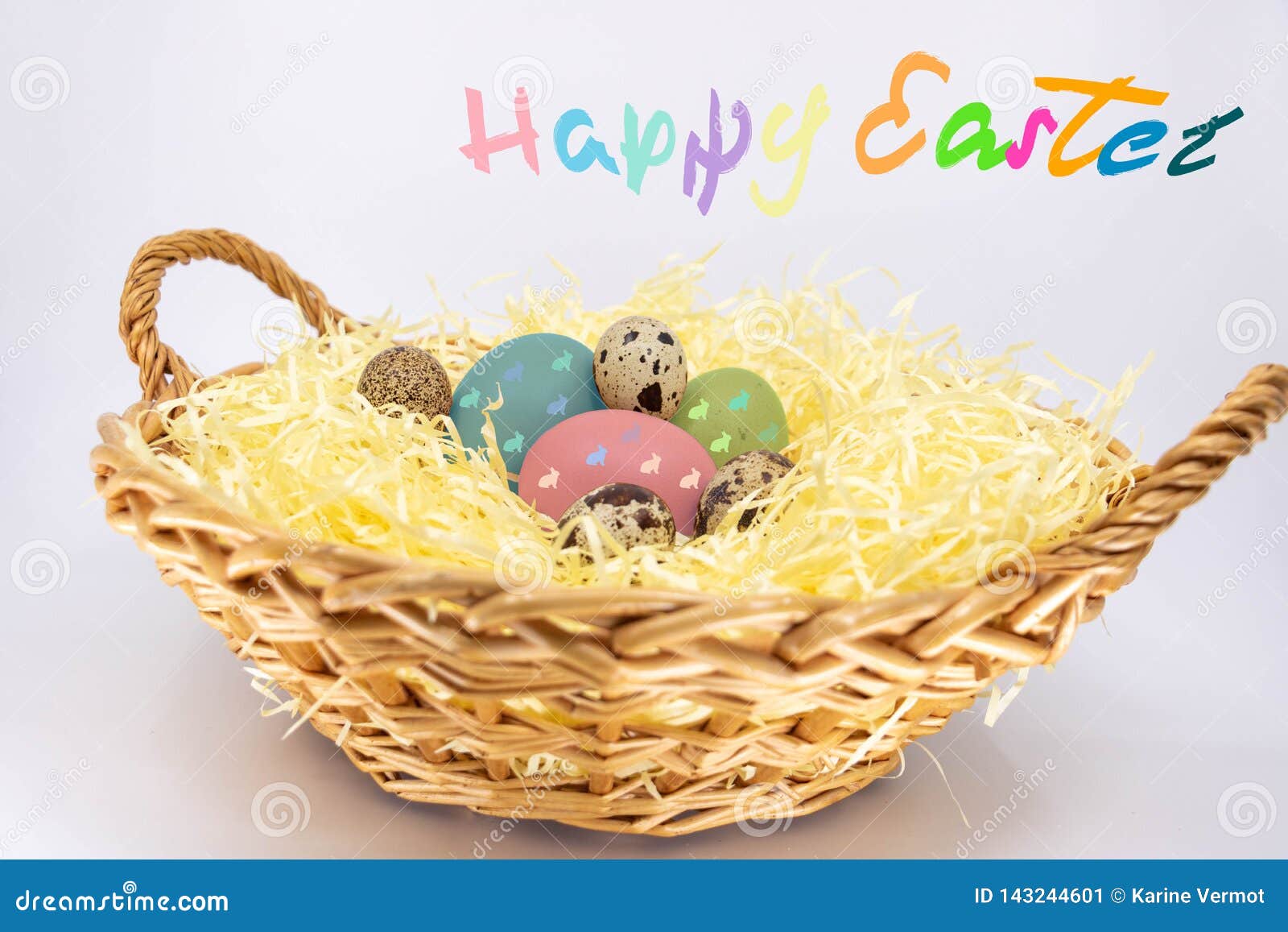 Painted Easter Eggs in a Farm Basket and Text in English Happy Easter ...