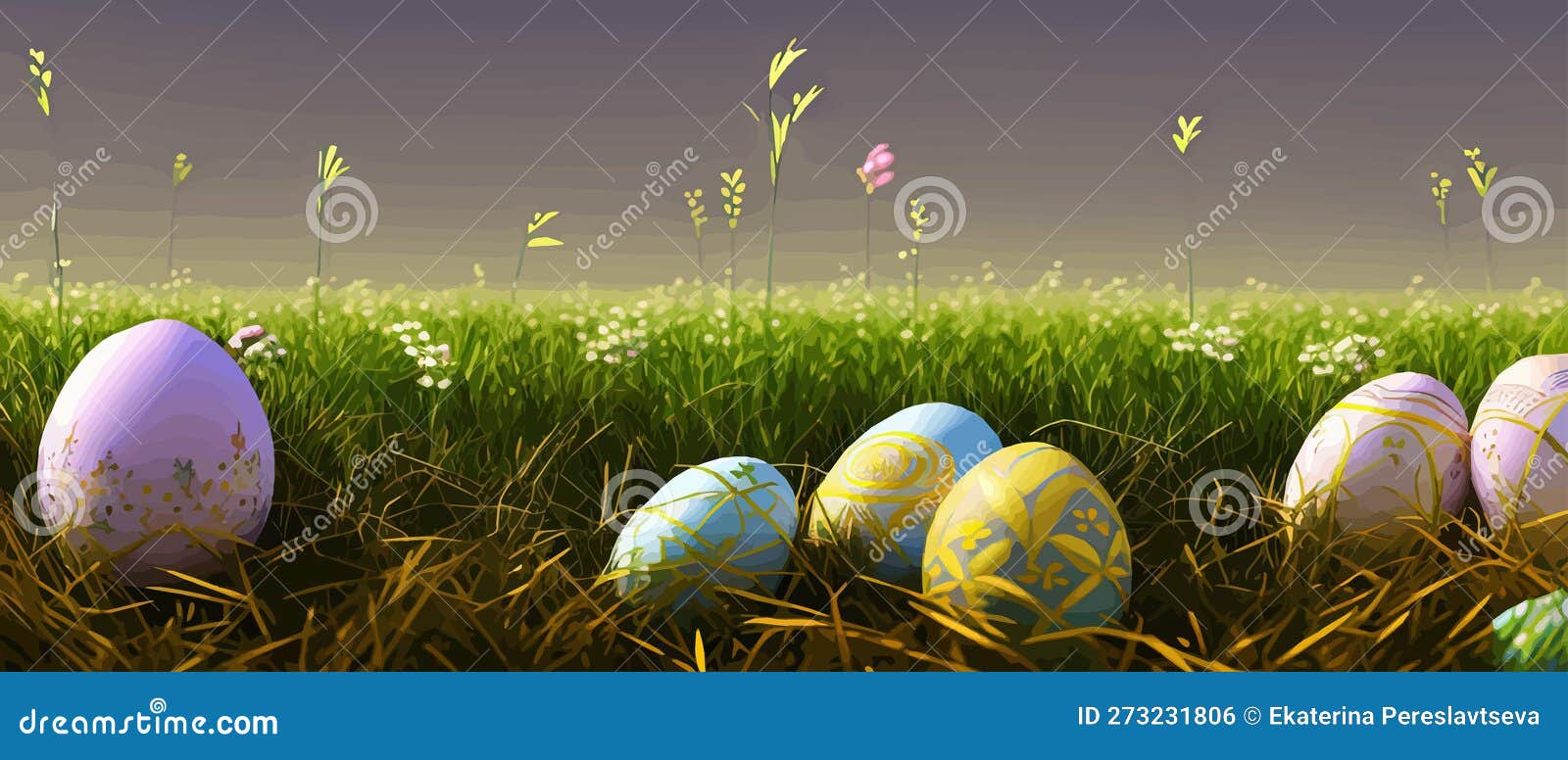 Painted Egg Laying in Spring Grass and Flowers, Easter Border, Banner Flat Vector Illustration ...