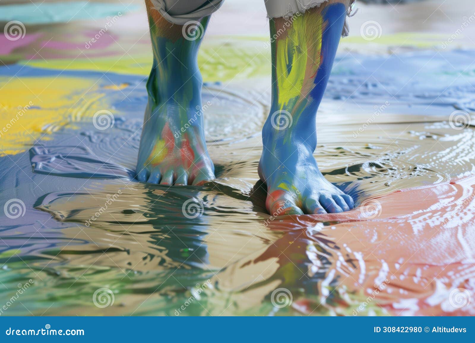 Painted Feet Walking through Artistic Color Puddles Stock Photo - Image ...
