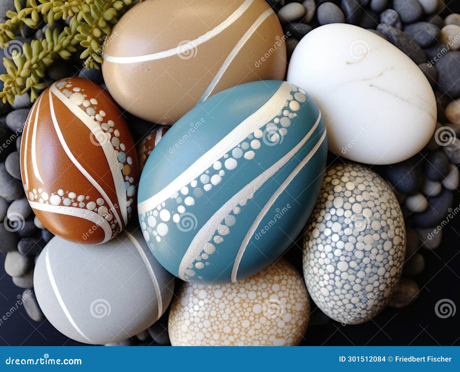 A Painted Flat Pebble with Abstract Wave Patterns and Dots on Top of a ...