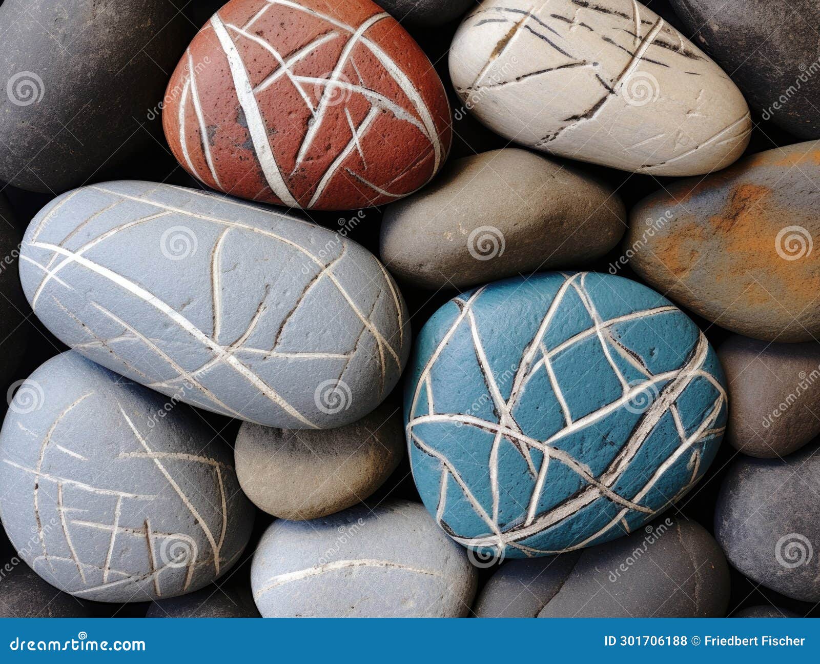 A Painted Flat Pebble with Abstract Wave Patterns and Dots on Top of a ...