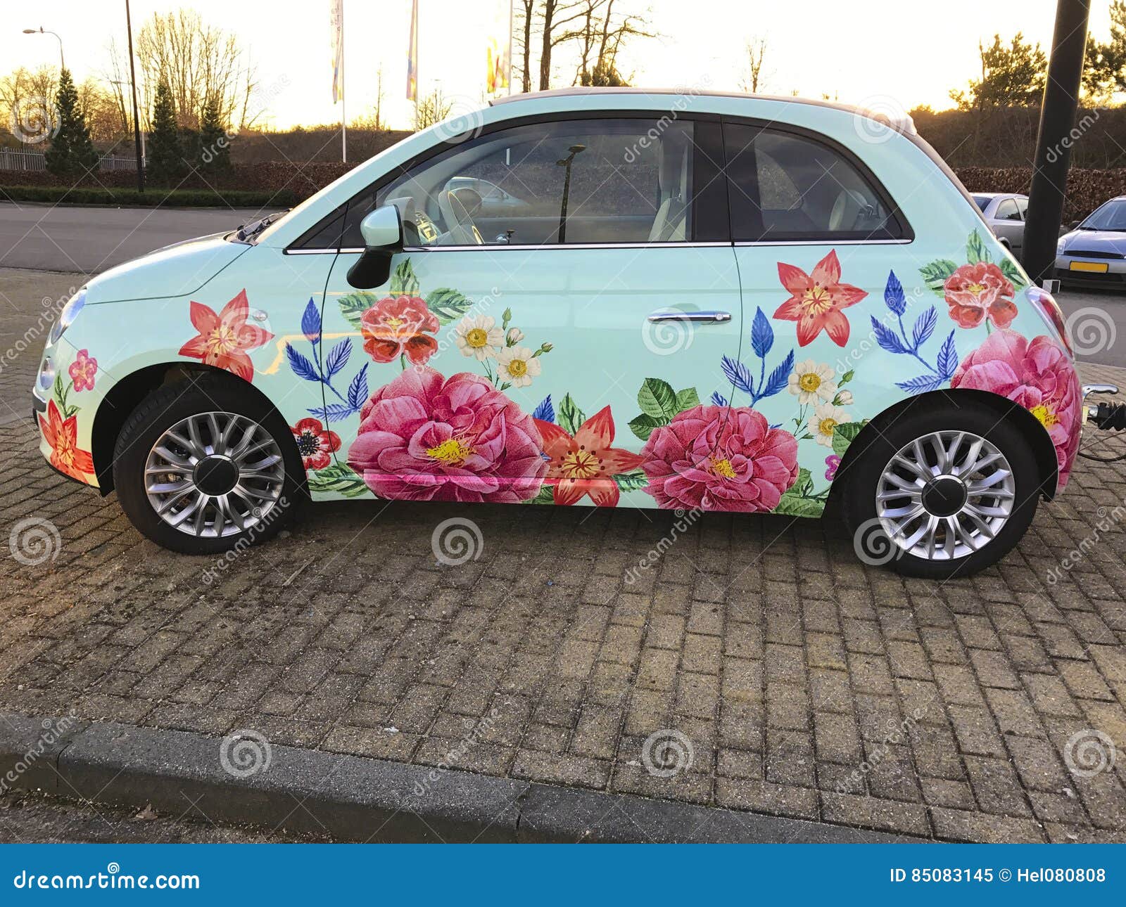Fiat 500, Small Car with Painted Flowers. Colorful Creative Flower ...