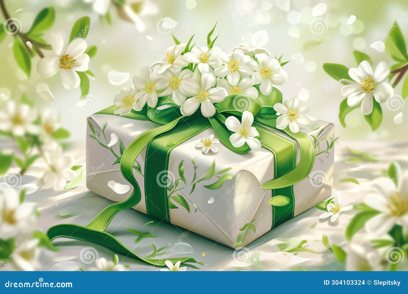 Painted with Flowers Spring Gift Box in Green and White Colors Stock ...