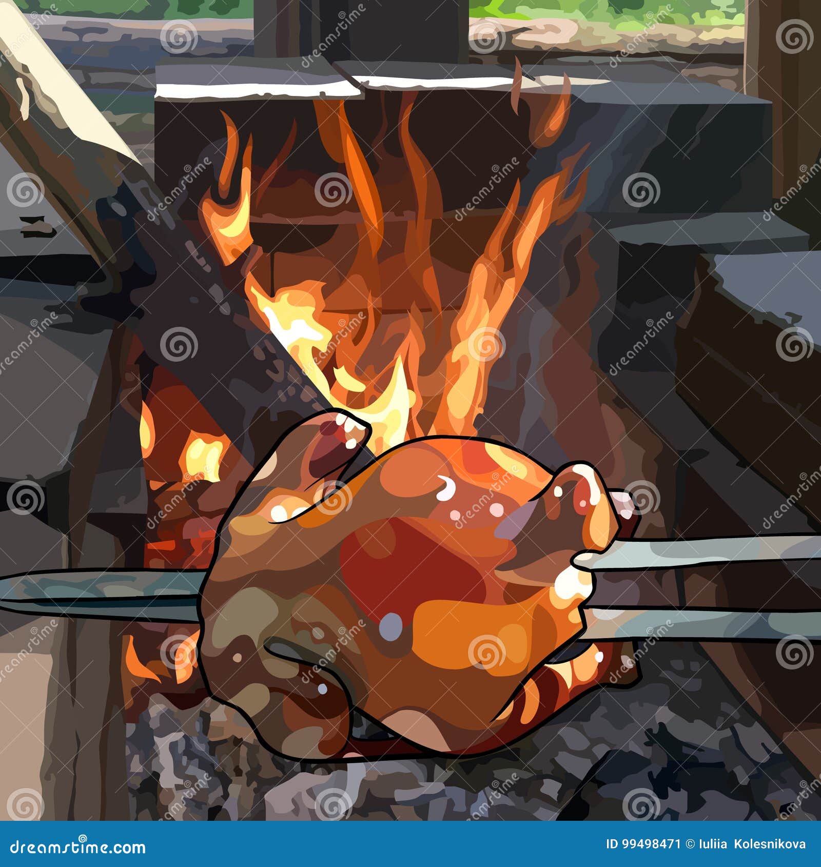 Painted Fried Chicken on a Skewer Prepare Over Fire Stock Vector ...