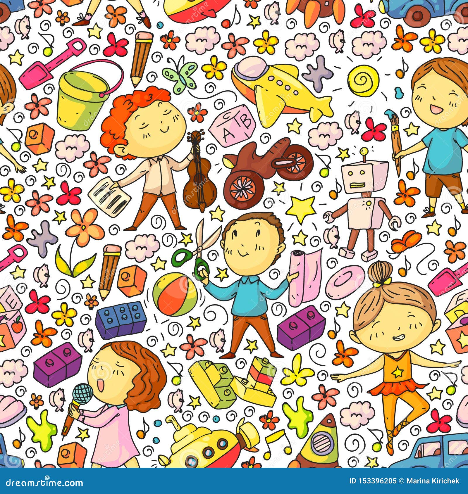 Painted by Hand Style Seamless Pattern on the Theme of Childhood ...