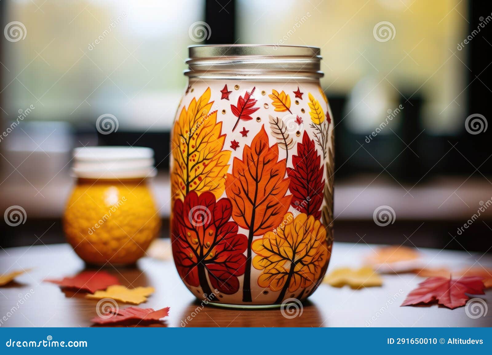 Painted Mason Jar Decorated with Fall-themed Stickers Stock Photo ...