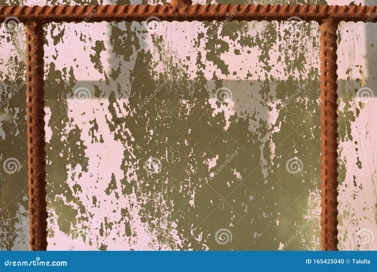 Painted Old Window Behind a Rusty Iron Bars Lit by Sun. Abstract ...