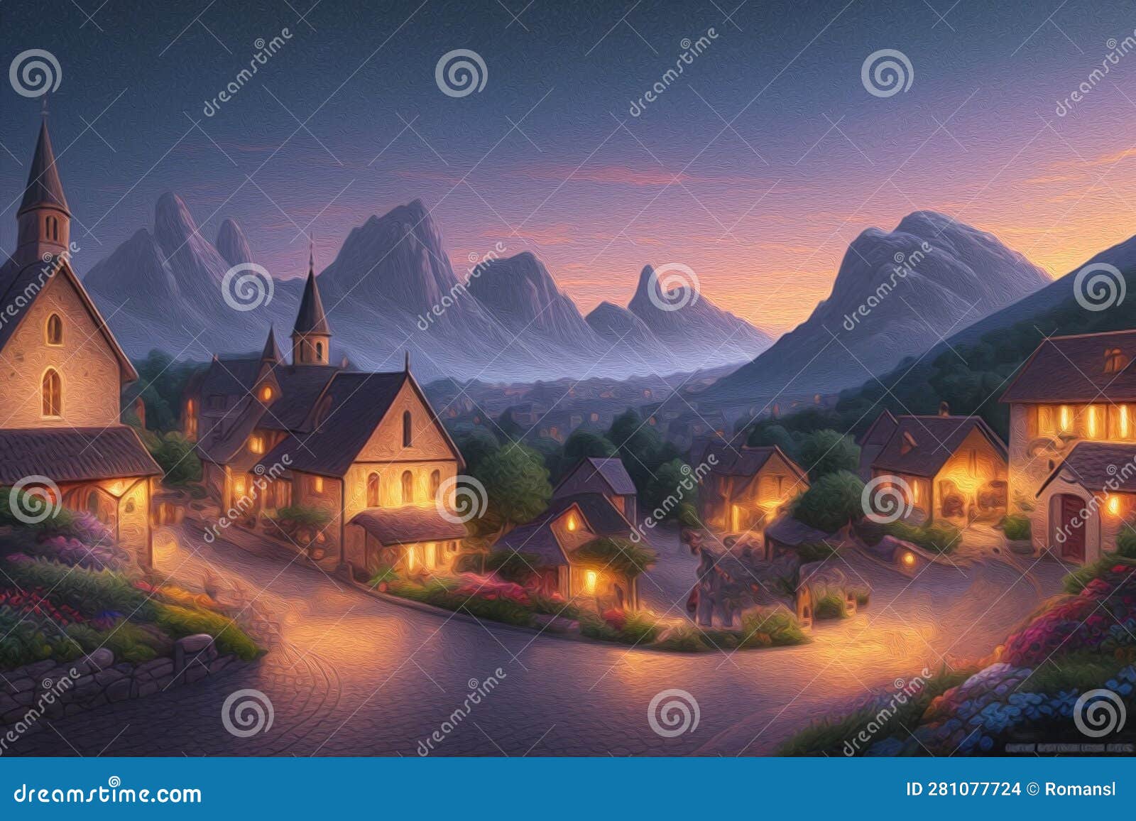 Painted Town in Valley Surrounded by Mountains, Digital Art Created by ...