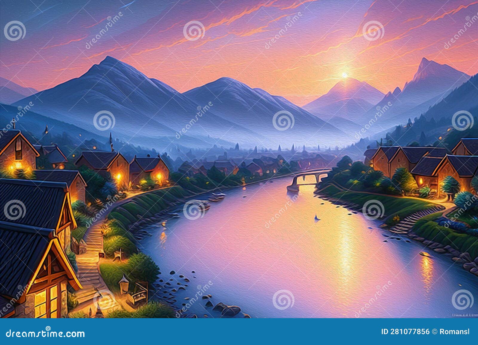 Painted Town in Valley Surrounded by Mountains, Digital Art Created by ...