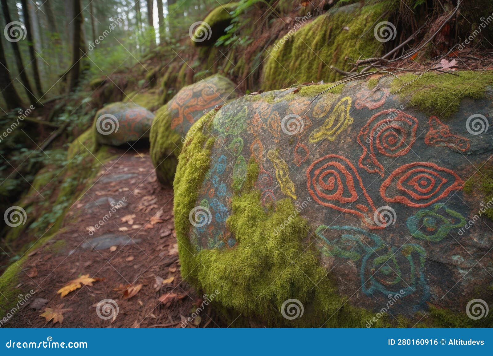 Painted Trail Markers with Intricate Patterns on a Mossy Rock Face ...
