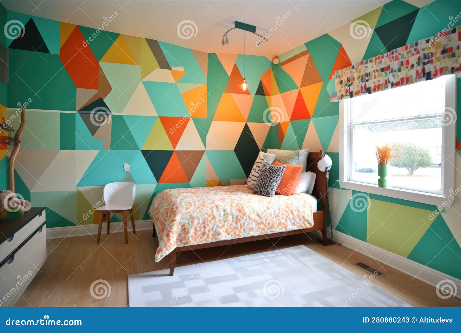 Painted Walls, with Geometric Wallpaper Adding Visual Interest Stock ...
