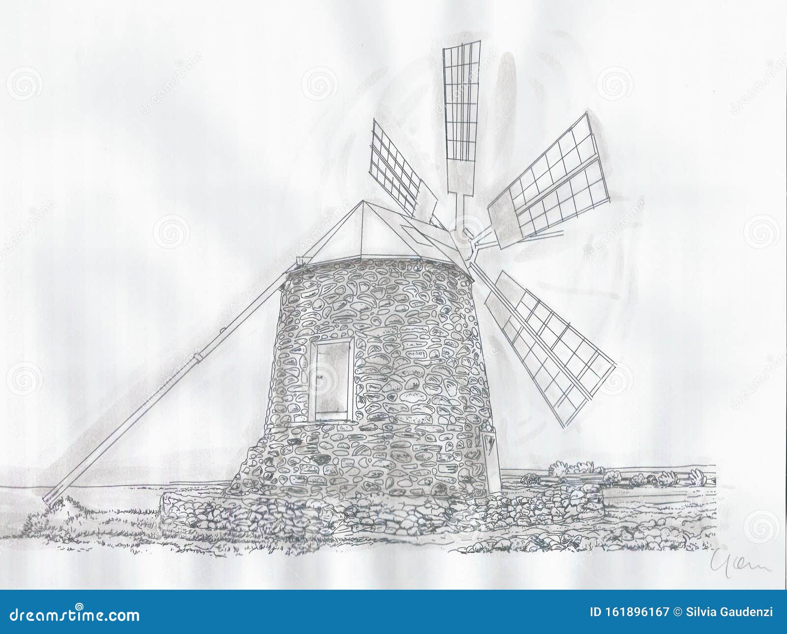 An Ancient Windmill Landscape in Perspective Stock Illustration ...