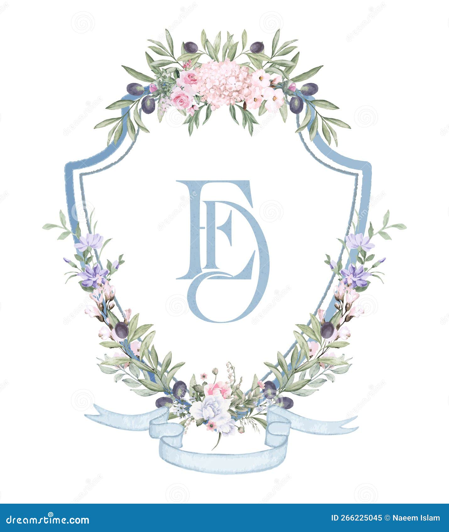 Painted Wedding Monogram ED Initial. Watercolor Crest Olive and ...