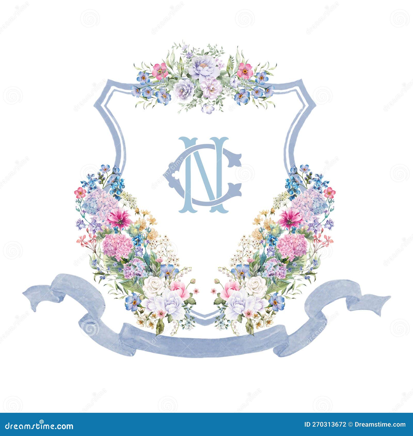 Painted Wedding Monogram SK Initial Watercolor Floral Crest. Watercolor ...