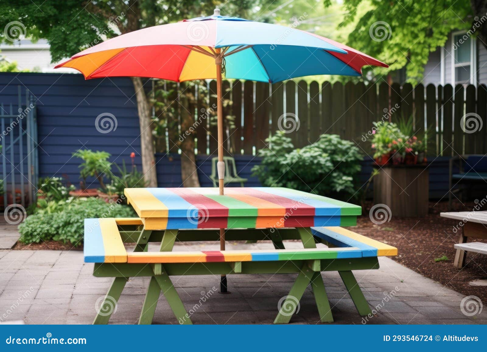 Painted Wooden Picnic Table with Umbrella Stock Photo - Image of ...