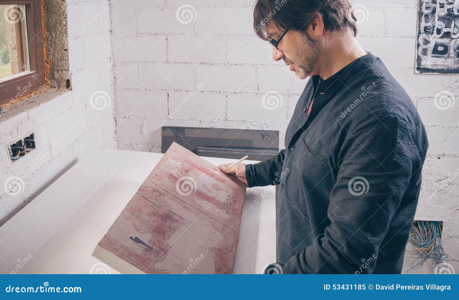 Painter Artist Looking His Finished Modern Artwork Stock Image - Image ...